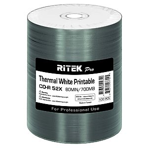 500 Pack Ritek Pro (Professional Grade) CD-R 52X 700MB White Thermal Hub Printable Blank Media Recordable Disc