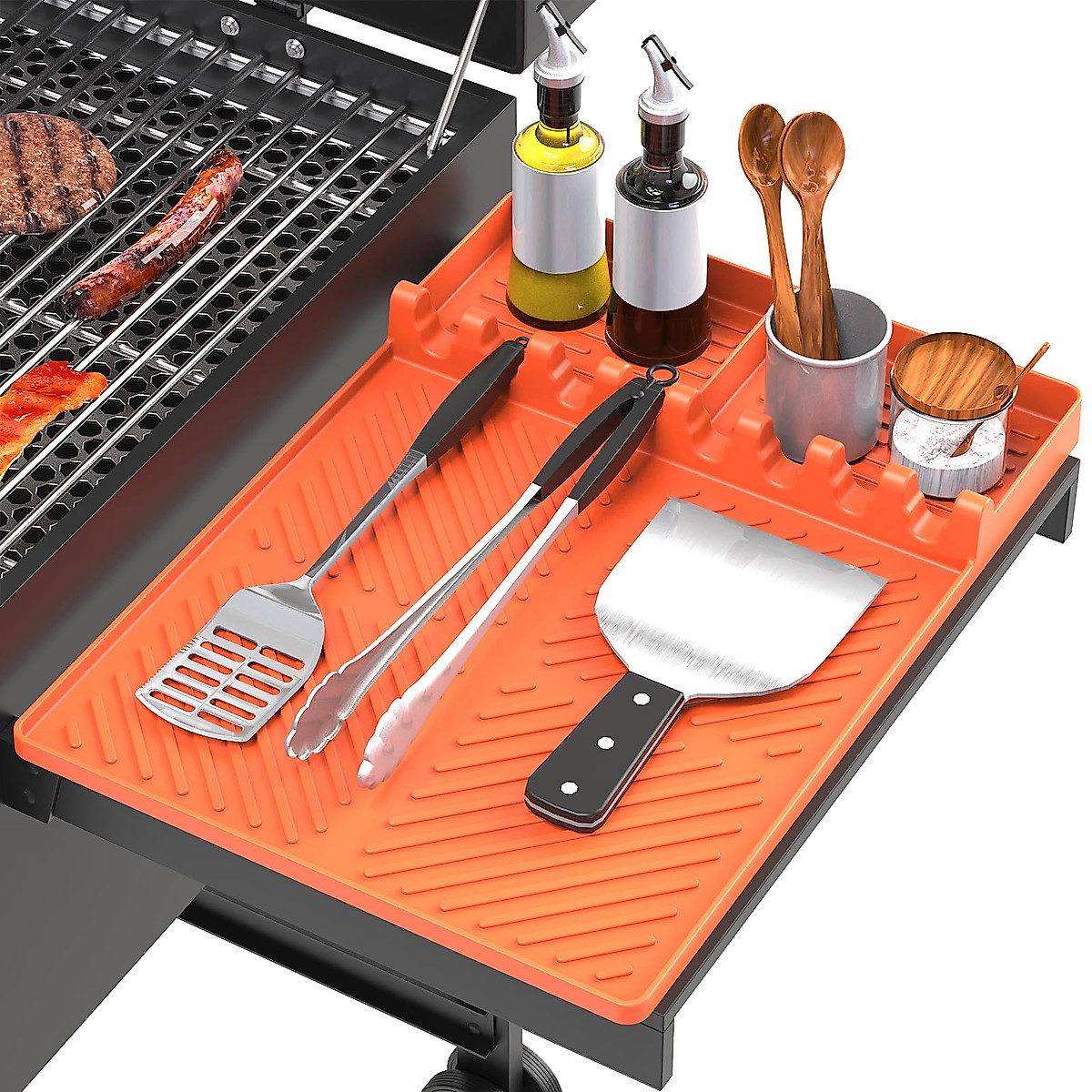 Silicone Grill Mat Compatible with Blackstone, Silicone Griddle Tools Mat with Drip Pad, Spatula Mat for Outdoor Grill Kitchen Counter (Orange)