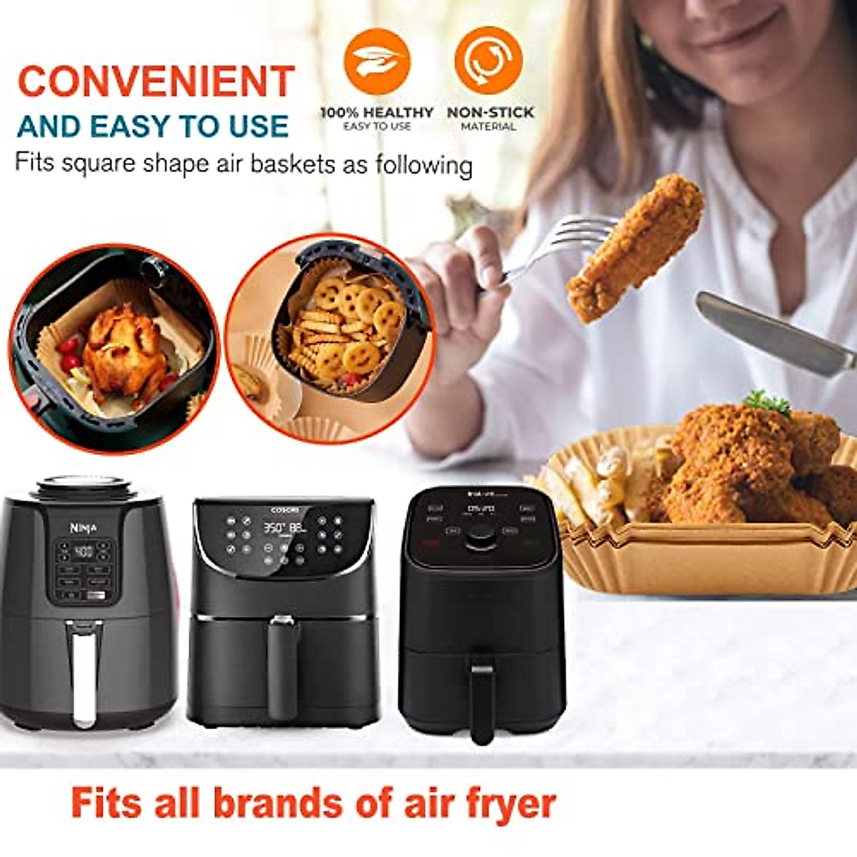 Air Fryer Disposable Paper Liner Square 9 Inch, 125 Pcs Large Square Air Fryer Paper Liners for 6-10QT Air fryer, Non-stick Parchment Paper for Frying, Baking, Cooking, Roasting and Microwave
