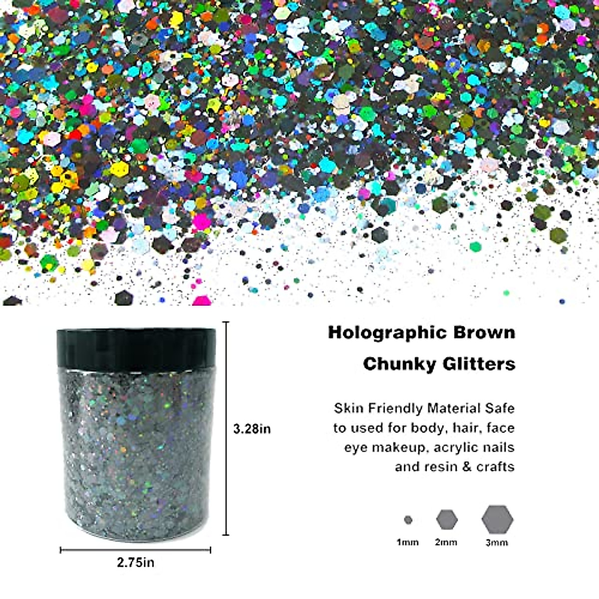 LuckForever 150g Holographic Black Chunky Glitter Flakes Mixed Hexagon Shape Nail Glitters Confetti Craft Sequins Manicure Sticker Accessories for Resin/Crafts/Nails/Body/Makeup