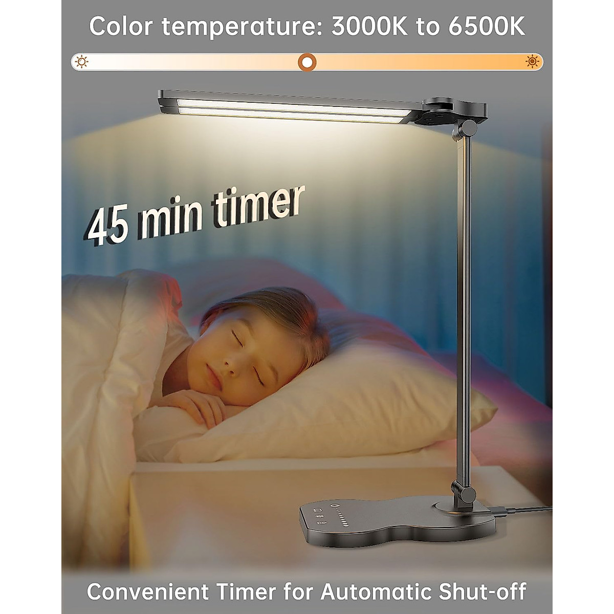 LED Double Head Desk Lamp for Home Office with Adjustable Swing Arms and Dimmable Touch Control LED Desk Light USB Power and Multi-Color Illumination for Home Office and Study