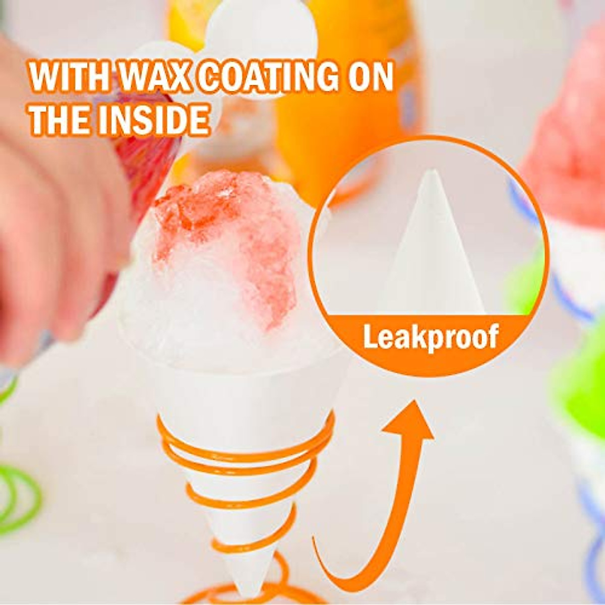 AQUEENLY 100 Snow Cone Cups, Wax Coated Leakproof Cone Paper Cups for Slush, Shaved Ice, Water - 6OZ, White