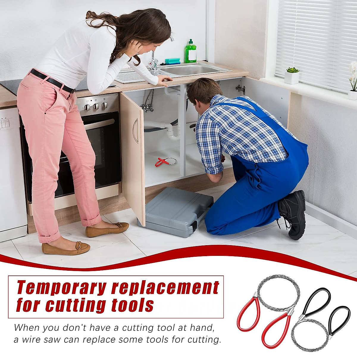 2 Pcs PVC Pipe Cable Saw Stainless Steel Wire Saw Hand Pocket String Rope Saw Emergency Survival Wire Saw PVC Pipe Cutting Tool for Wood Camping Hiking Hunting, Red, Black, 23.62 Inch