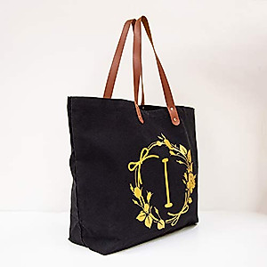 ELEGANTPARK Personalized Birthday Gifts for Women Mom Friend Sister Teacher Appreciation Gifts Monogrammed Gifts Initial Tote Bag Present Bag Black Canvas Tote Bag with Pocket Gold Letter I