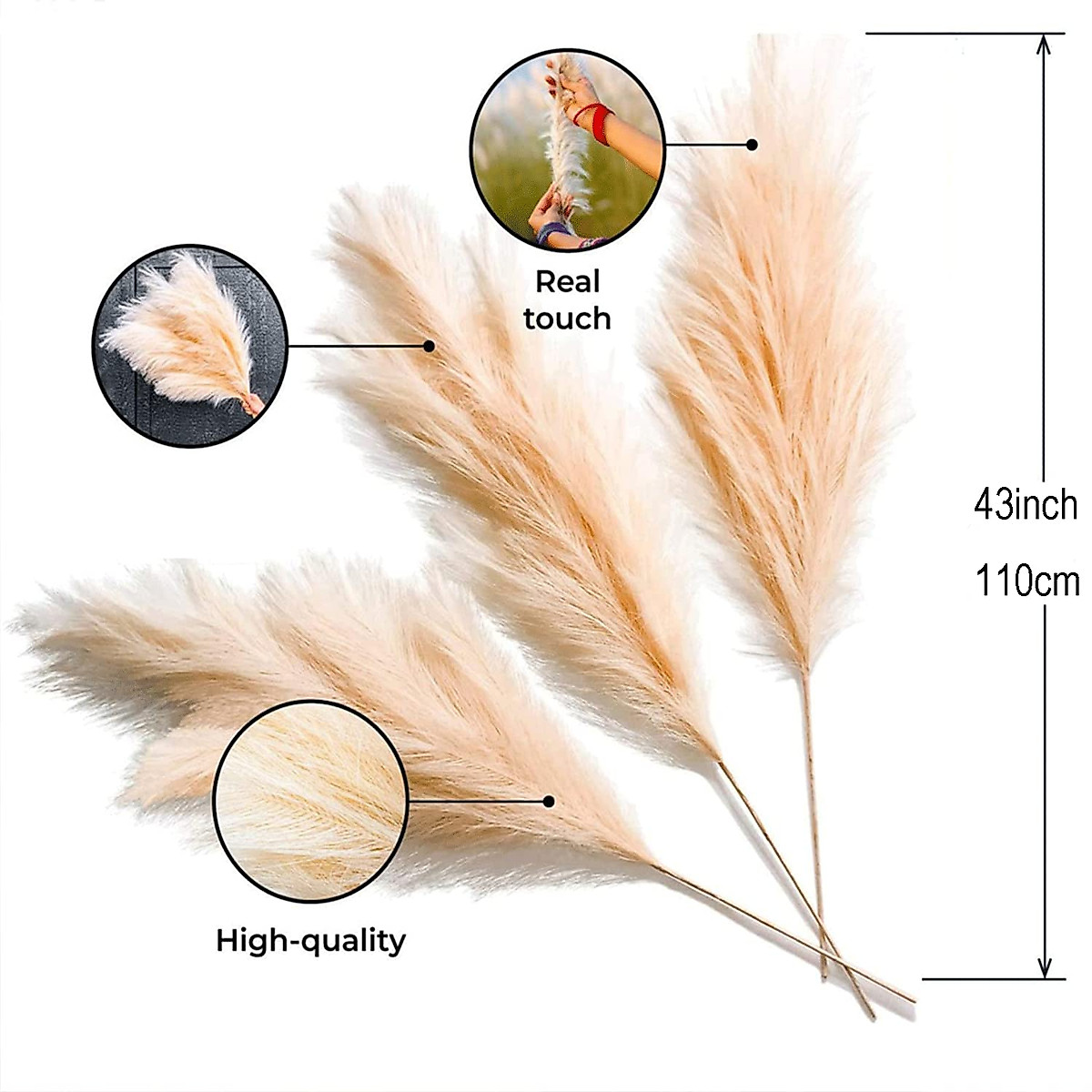 PEMUISE Pampas Grass Decor Tall 43'' 4pcs Pompous Grass Artificial Flowers Faux Pampas Grass Decor Plants Tall Bohemian Style Vase Filler Pampas Grass Branches for Home Office Decor (Beige)