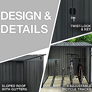 Hanover Galvanized Steel Bicycle Storage Shed with Slope Roof and Twist Lock and Key in Dark Gray, Stores up to 4 Bikes