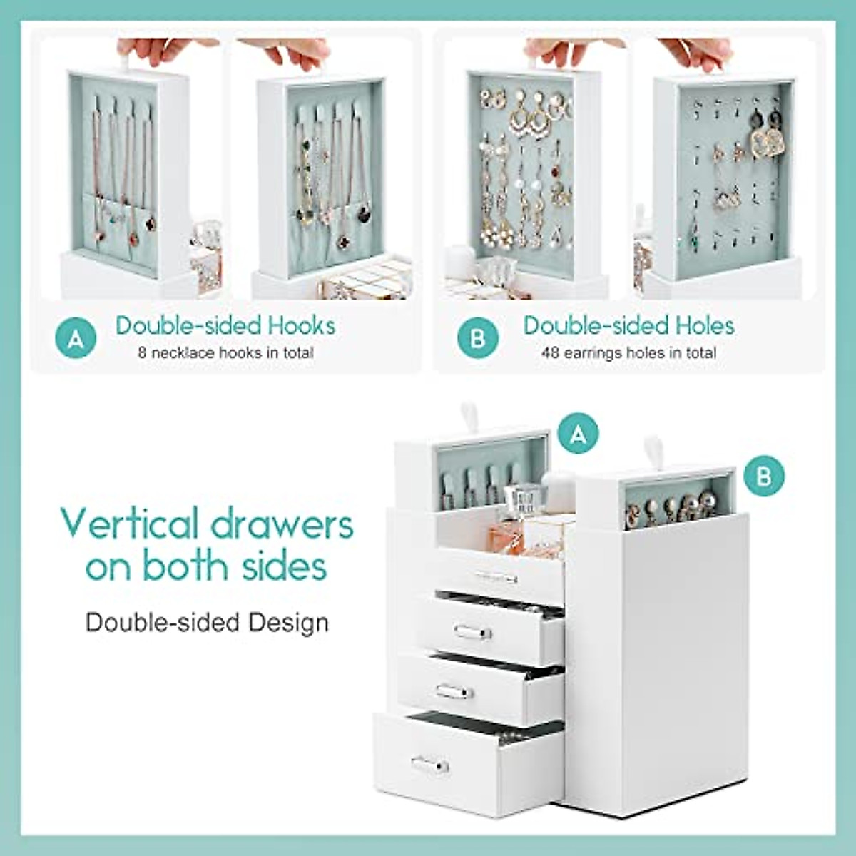 Homde Jewelry Organizer for Girls Women Jewelry Box Necklaces Rings Earrings Display Stand Jewelry Storage Holder Case for Bracelets Watches Sunglasses (White)