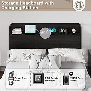 Amerlife Queen Size Lift Up Storage Bed Frame, Wooden Platform Bed Frame with Lifting Storage & Charging Station, No Spring Box Needed/Noise Free, Black