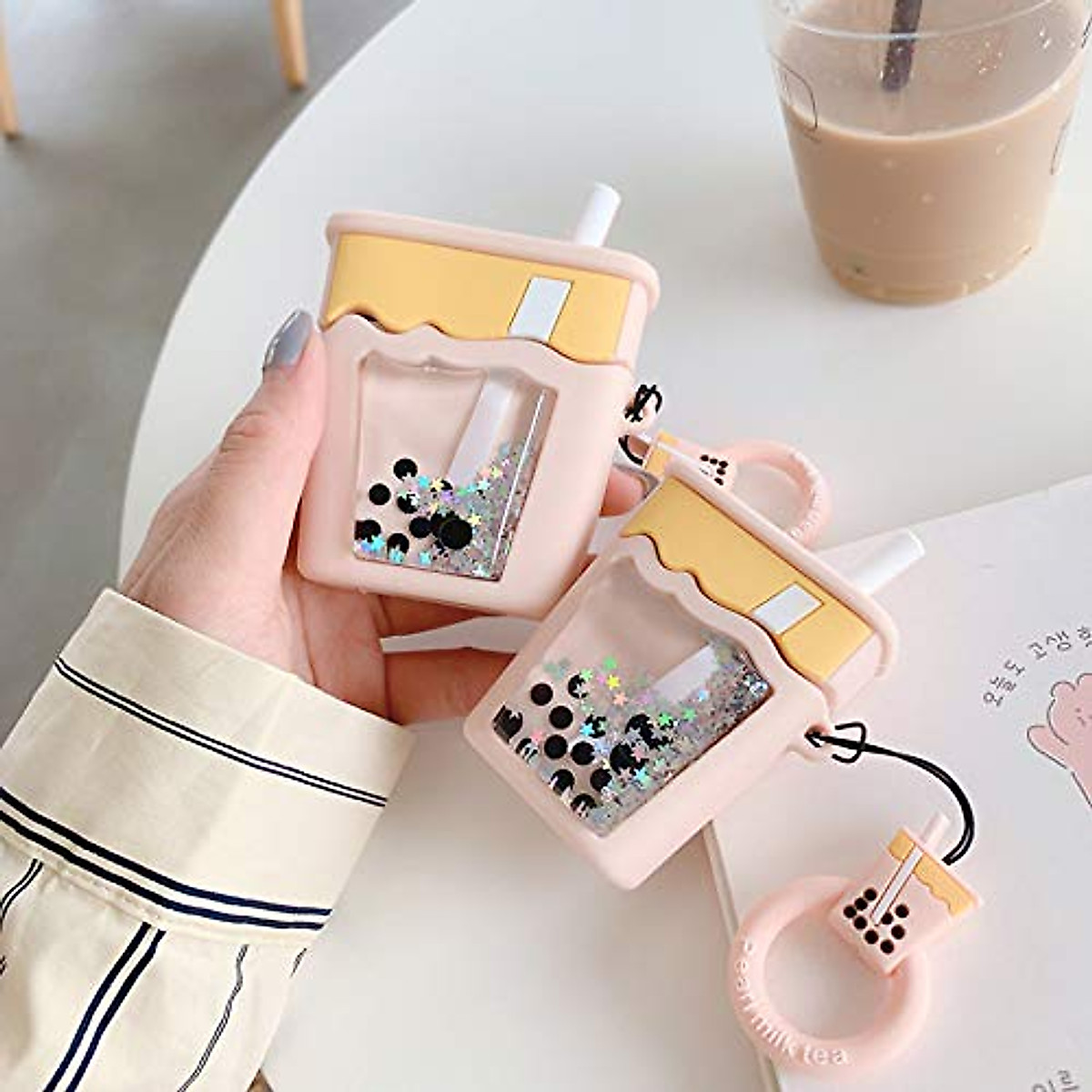 Compatible with AirPods Case Milk Tea Liquid 1/2, Protective Silicone Skin Cover for AirPod Case Quicksand Tea with Ring, Girls Women Funny Kawaii Cute Fashion Cartoon 3D for AirPods Case Boba