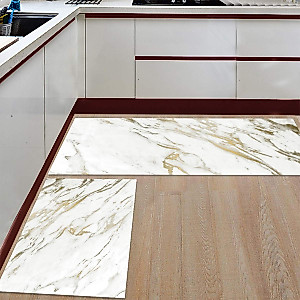 CHARMHOME Kitchen Floor Mats Kitchen Rugs 2 Piece White and Gold Marble Texture Soft Waterproof Oil Proof Non-Skid Rubber Back Washable Doormat 20"x 31" + 20"x 47"
