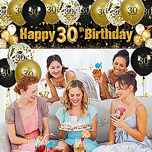 30th Birthday Decorations for Men Women Black and Gold, Black Gold Birthday Yard Banner Sign and 18 PCS 30th Happy Birthday Balloons for 30th Anniversary Birthday Party Supplies Outdoor Yard Decor