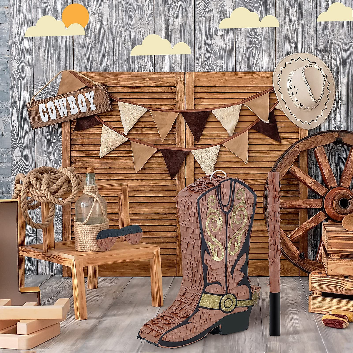 Deekin 3 Pcs Cowboy Boot Piñata Set Cute Western Piñata with Stick Eye Mask Large Piñata for Kids School Sports Bridal Shower Birthday Party Decorations Supplies