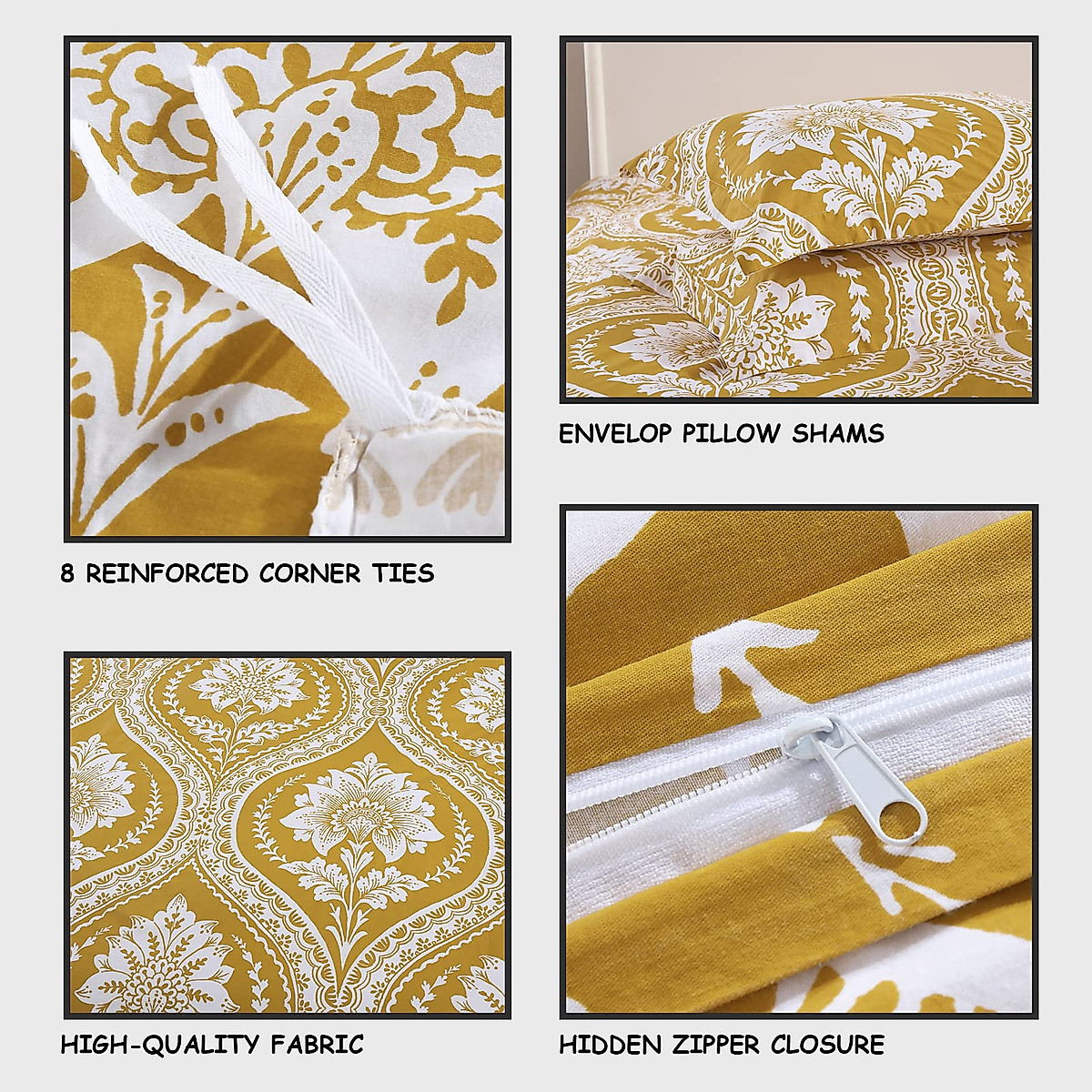 Bedduvit Yellow Damask Duvet Cover Queen Size - 100% Cotton Queen Fluffy Duvet Cover Set, Breathable Soft Paisley Pattern Bedding Comforter Cover with Zipper Closure & 8 Ties, 90"x90"