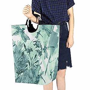 Kigai Beautiful Watercolor Dragonfly Large Laundry Basket, Collapsible Laundry Hamper with Handle, 22L Foldable Laundry Bag for Dirty Clothes