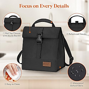 Lifewit Insulated Lunch Bag Rolltop, Reusable Lunch Box for Men Women Adults with Adjustable Shoulder Strap, Foldable Lunchbox Leakproof Cooler Bag for Office Work Picnic, 8L Black