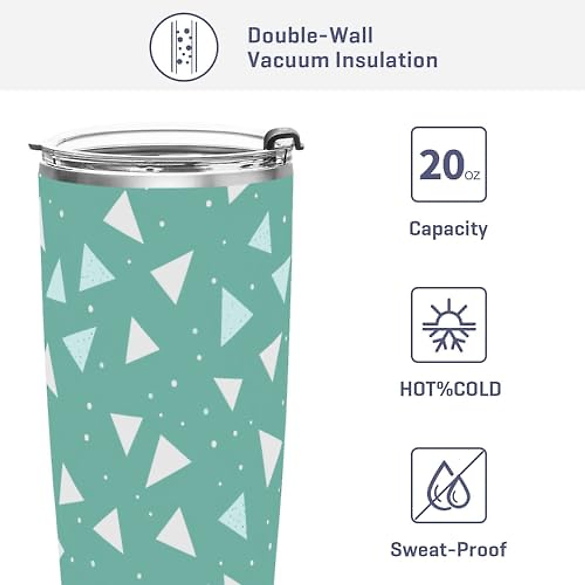 Green Cute Triangle Stainless Steel mugs for hot and cold with Straw Leak Resistant Flip travel mug for Water, Iced Tea or Coffee reusable insulated tumbler 20 OZ