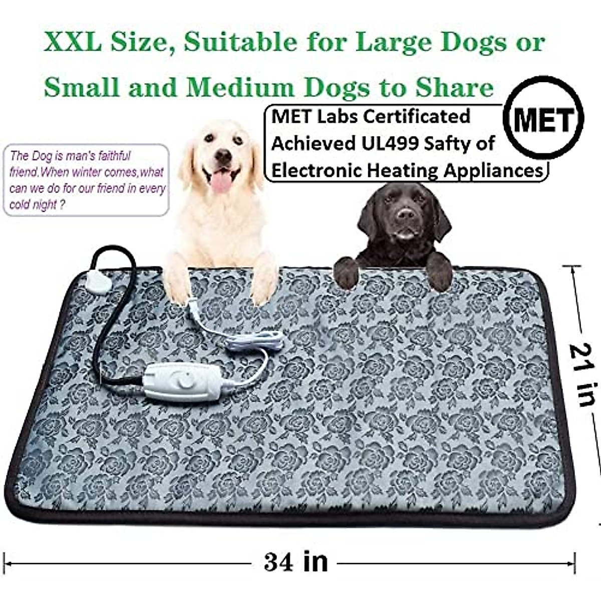 XXL Large Dog Bed Outdoor or Home,Electric Heating Mat for Dog House Crate Pad for Small Medium Pet Cat Puppy Waterproof Easy Clean Long Chew Proof Cord Gray,34inx21in,30-60W