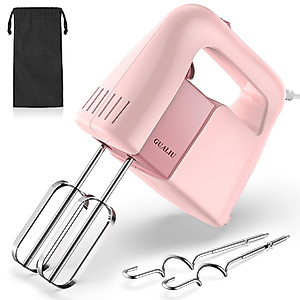 GUALIU 450W Electric Hand Mixer, 5-Speed Electric Mixer Food Mixer with 304 Stainless Steel Whisk Beaters, Dough Hooks & Storage Bag, Cake Mixer Handheld Mixer for Baking & Cooking, Turbo Boost/Pink