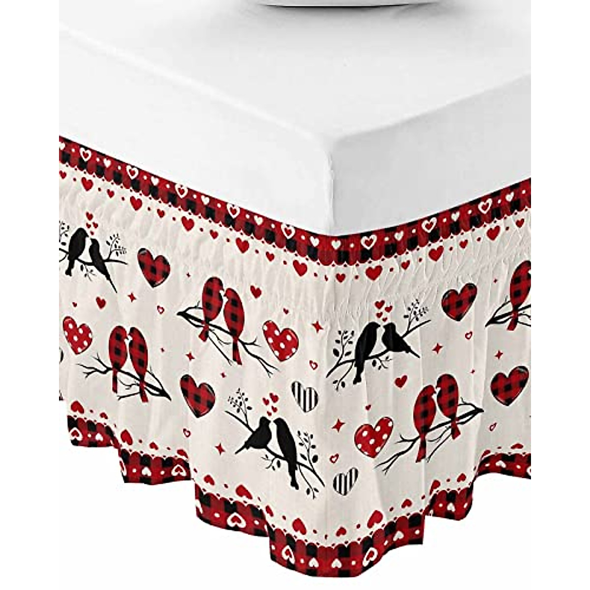 Valentine's Day Bed Skirt Queen Size 18 Inch Drop, Adjustable & Elastic Wrap Around Bed Skirts Pleated Luxury Dust Ruffles for Twin Full Queen Cal King Base Bed, Burlap Love-Bird Red Black Plaid