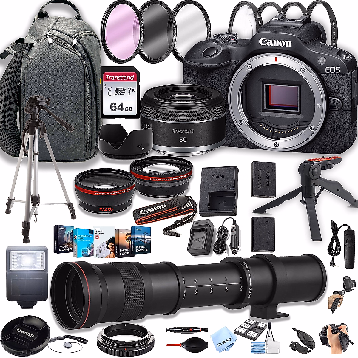 Canon EOS R100 Mirrorless Camera with 50mm Prime Lens + 420-800mm Super Telephoto Lens + 100S Sling Backpack + 64GB Memory Cards, Professional Photo Bundle (42pc Bundle) (Renewed)