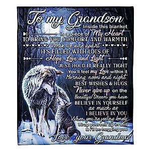 Personalized to My Grandson Blanket from Grandma Inside This is A Piece of Heart Custom Name Wolf and Moon Soft Warm Plush Fleece Throw Blankets Gifts for Christmas Birthday Xmas, Multi Color