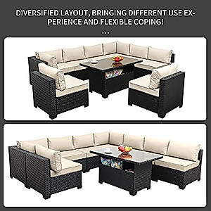 9 Pieces Outdoor Wicker Sectional Couch Patio Furniture Conversation Sofa Set with Khaki Non-Slip Cushions Furniture Cover Black PE Rattan