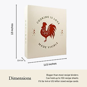 EGGBLU Recipe Binder with 25 Full Page Blank Recipe Sheets, 25 Plastic Page Protectors and 6 Tabbed Dividers, 11.5" x 13", Red Rooster Design