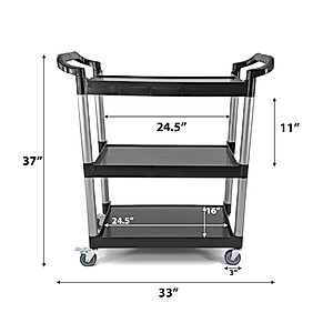 Commercial 3-Shelf Rolling Service Utility Cart | Capacity 450 lbs. | 37" x 33" x 16" | Black