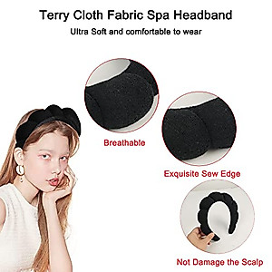 Spa Headband for Women, Makeup Headbands with Triangle Powder Puff, Sponge and Terry Towel Cloth Fabric Hair Band and Versed Headband for Face Washing, Makeup Removal, Shower, Skincare (Black)