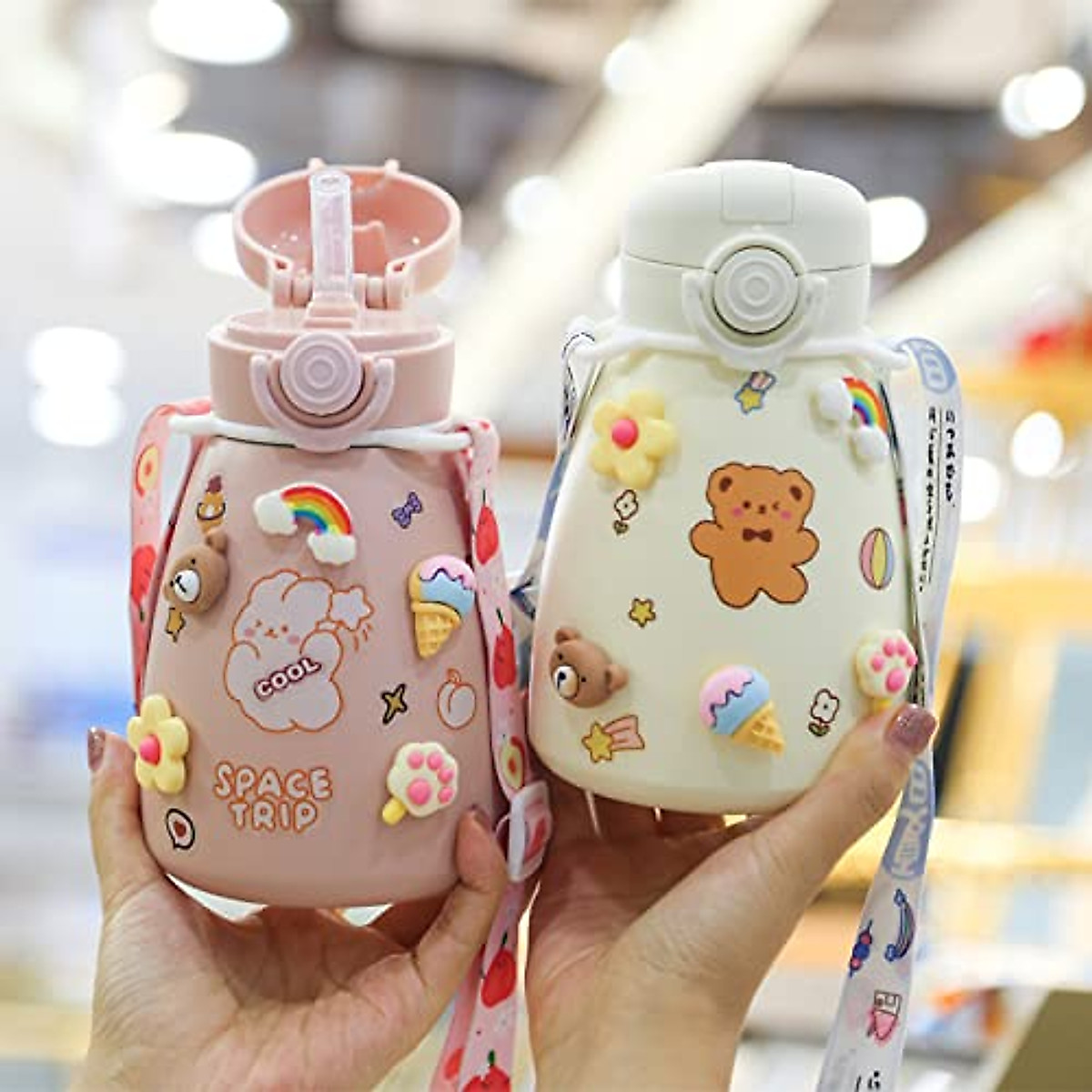 MOMEITU Kawaii Water Bottle Stainless Steel Water Bottle Cute 3D Sticker Insulated Water Bottle Cute Drug Water Bottle(500ML,white)
