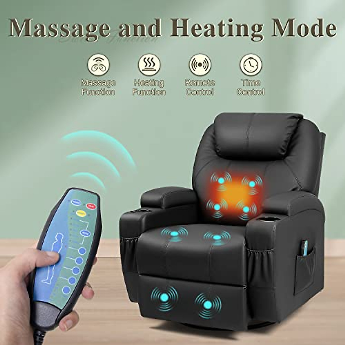 YESHOMY Swivel Rocker Recliner with Massage and Heating Functions, Sofa Chair with Remote Control and Two Cup Holders, Suitable for Living Room, Black
