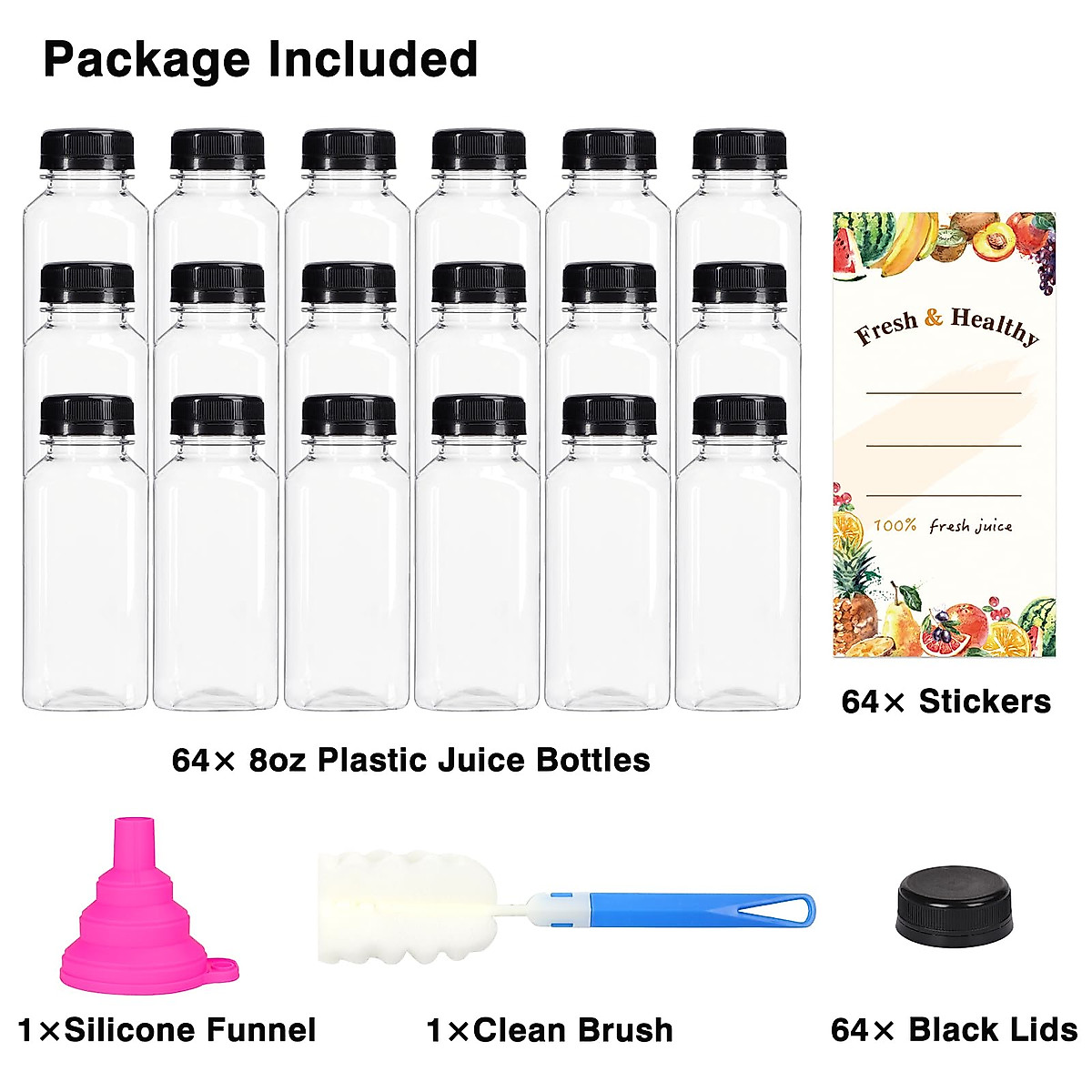 Moretoes 64pcs 8oz Juice Bottles, Juice Bottles with Tamper Evident Caps, Reusable Juicing Bottles Bulk for Juice Milk Smoothie and Other Beverages
