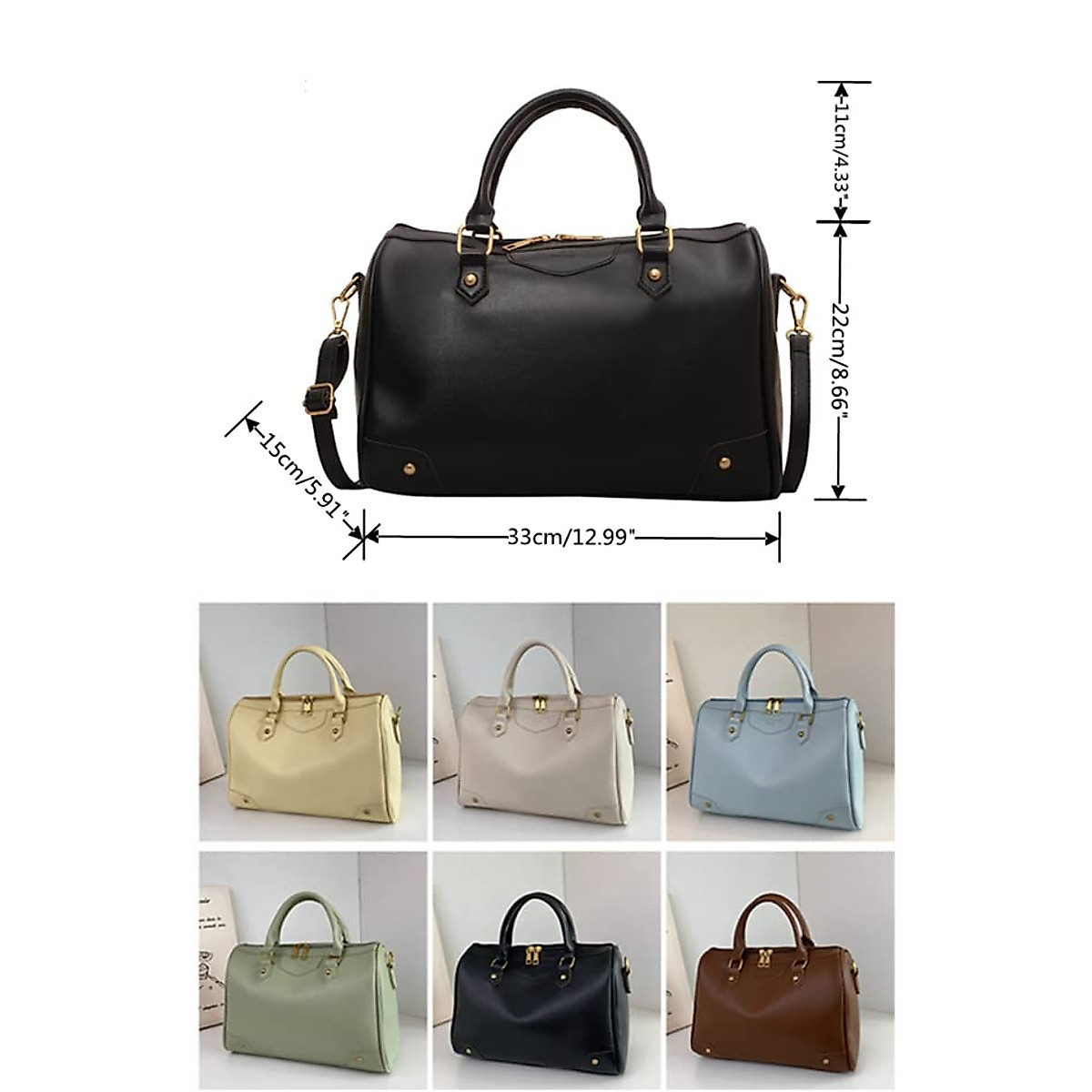 HANDAFA Boston Bag Zip Tote Handbag Vintage Shoulder Handbag With Adjustable Strap For Women(Black)