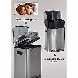 Capacmkseh Stainless Steel Kitchen Trash Can with Lid, 2 X 5-Gallon Dual Step Trash Can, 10 Gallon Large Garbage Can for Kitchen, Recycling Bins, Household Essentials Trash Classification