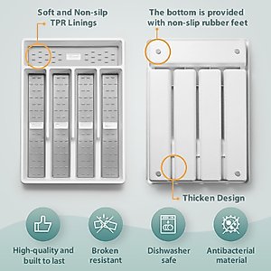 Joequality Silverware Organizer with Icons，Plastic Cutlery silverware Tray for Drawer，Utensil Flatware Tableware Organizer for Kitchen with Non-slip TPR,Fits Standard Drawer,5-Compartment，Grey