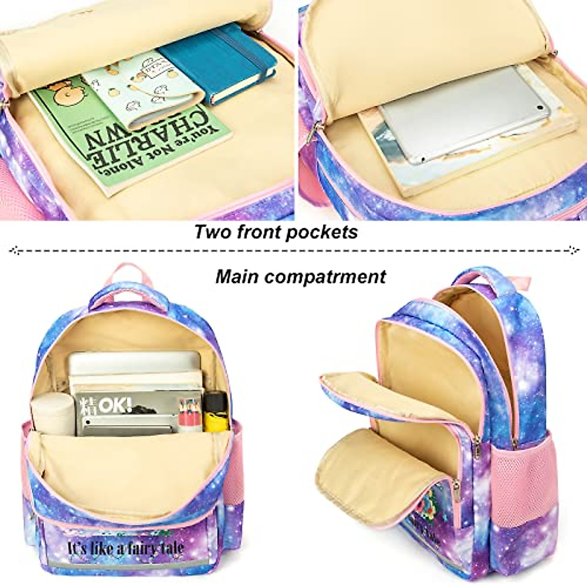 BTOOP Girls Backpack Kids Elementary Bookbag Girly School Bag with Insulated Lunch Tote and Pencil Pouch (Galaxy- Purpel Blue)