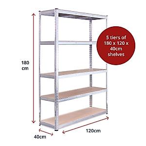 Garage Shelving Units - 71" H x 47" L x 16" W - Heavy Duty Racking - Shelves for Storage -1 Bay - Galvanised - 5 Tier - 2000LB Capacity (400LB Per Shelf) - Workshop, Shed, Office - 5 Year Warranty