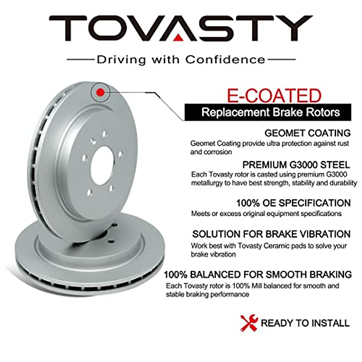 [Front] TOVASTY Brake Pads and Rotors Kit for Chrysl(er PT Cruiser 2003-2009 E-Coated [BKC2022]