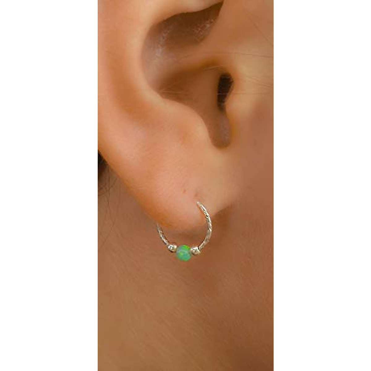 Silver Hoop Earrings - Dainty Hoop Earrings with Green 3mm Opal - Small 20 Gauge Cartilage Earring - A Pair Of 2 Huggie Hoop Earrings