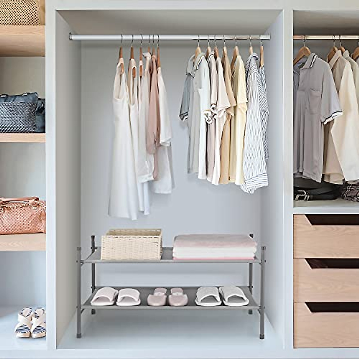 MAX Houser 2-Tier Stackable Shoe Rack, Fabric Shoe Shelf Storage Organizer for Closet Bedroom Entryway, Gray