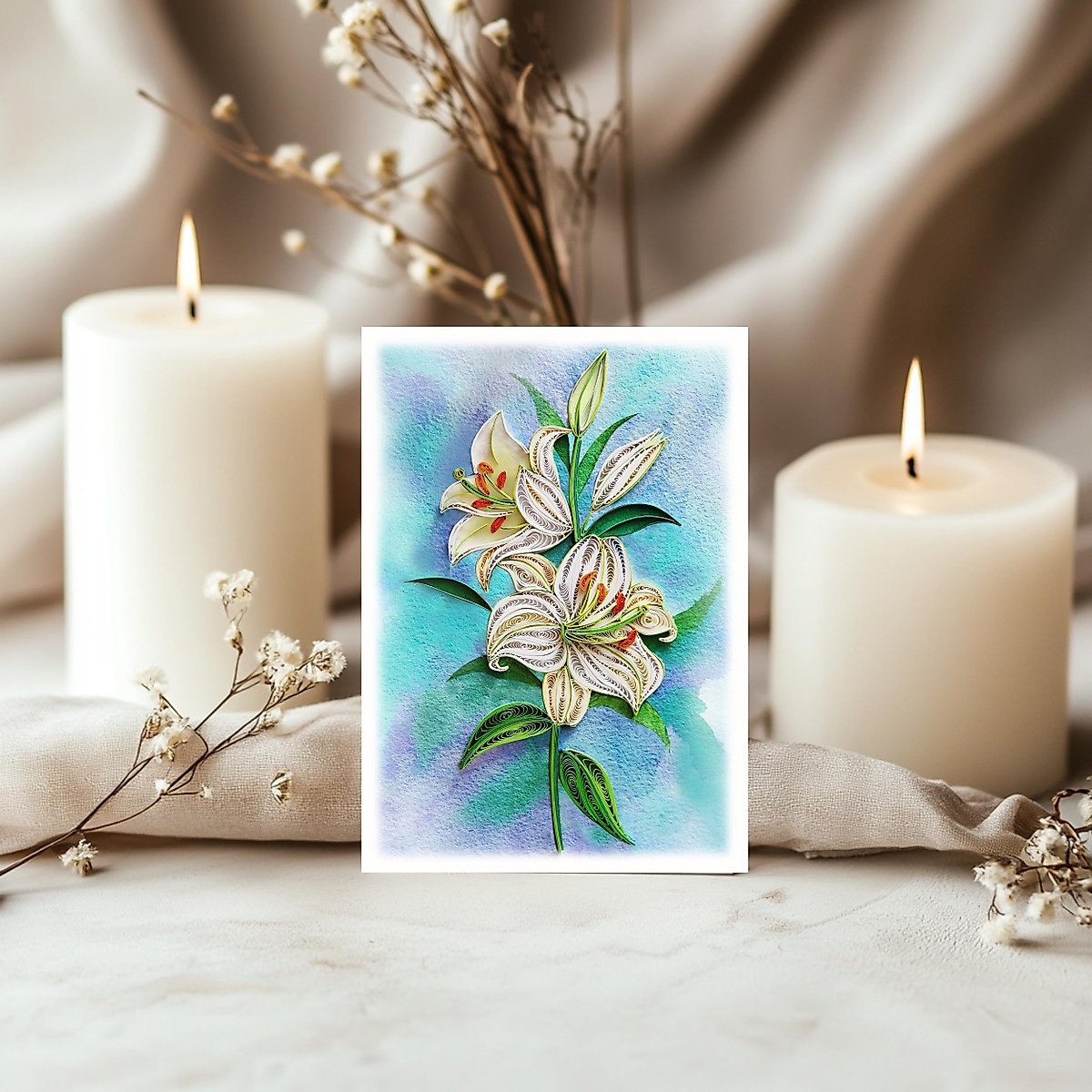 QUILLCRAFT White Lily Sympathy Card, Condolences Greeting Card for Loss of Mother, Father, Him Her Pet, Thinking Of You Card, Quilling Quilled Card with Envelope for Grief and Loss (White Lily)