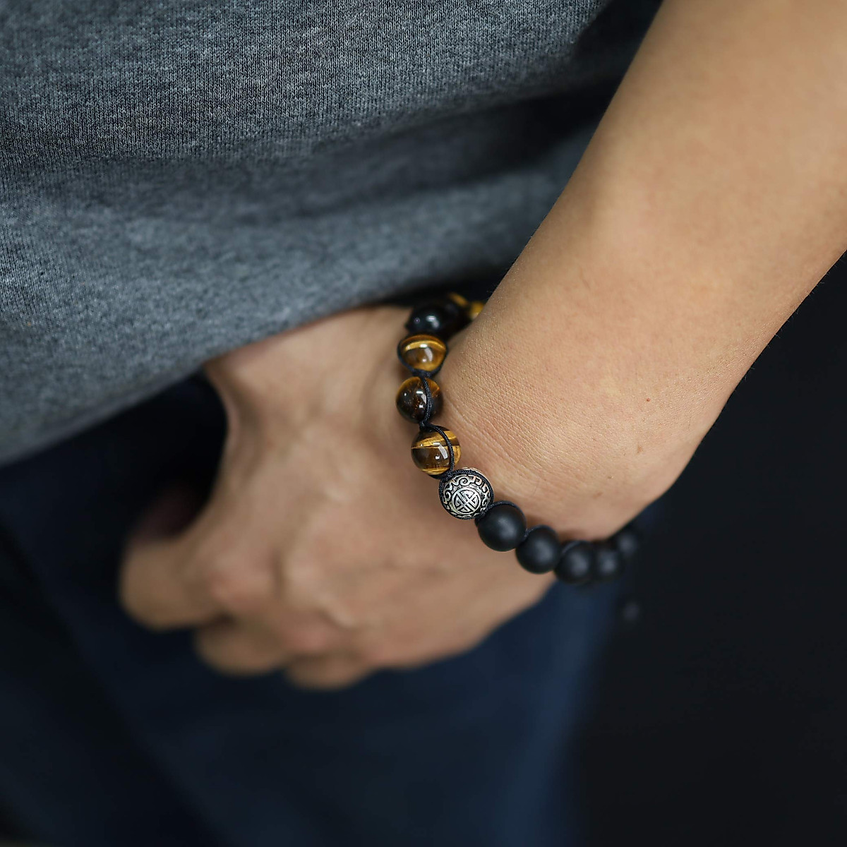COAI 'Asia Blessing' Vintage 925 Sterling Silver Bead Onyx Tiger Eye Bracelet