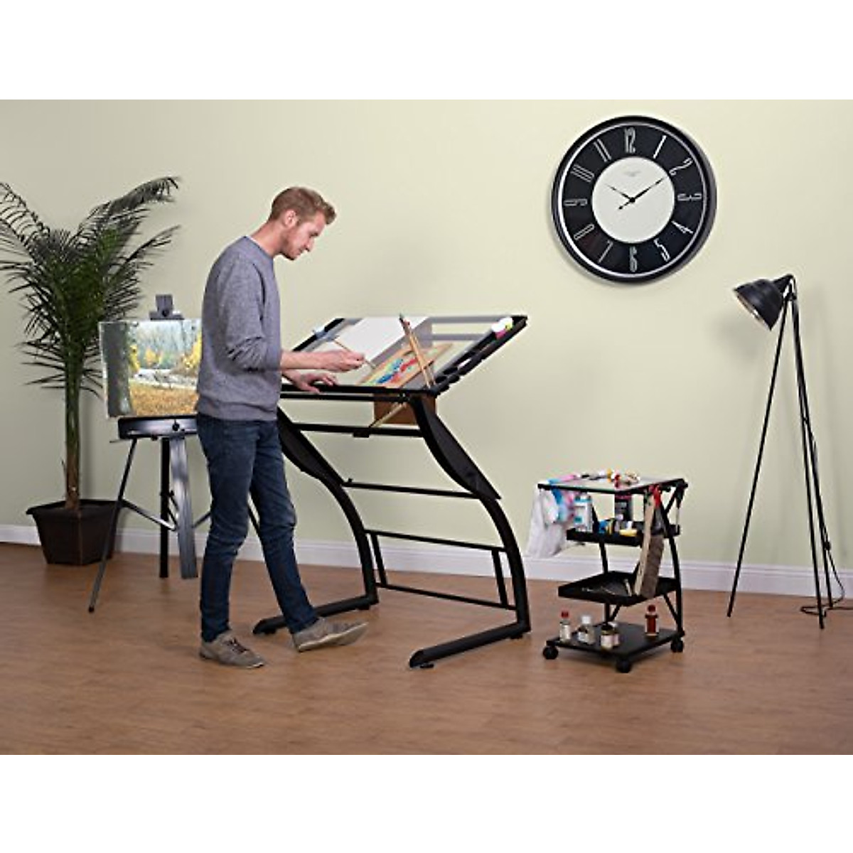SD STUDIO DESIGNS Triflex Drawing Table, Sit to Stand Up Adjustable Office Home Computer Desk, 35.25" W X 23.5" D, Charcoal Black/Clear Glass