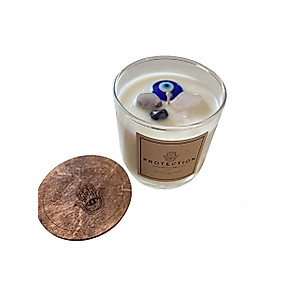 Evil Eye Protection Candle, Pink Quartz, Amethyst Infused, Lavender and Chamomile Scent, 10 oz Glass Jar with Hamsa Hand Positive Energy Beeswax and Soy Wax