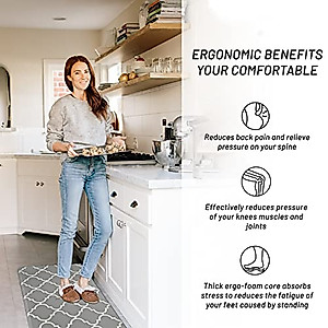 EARTHALL Kitchen Mat [2 PCS] Cushioned Anti-Fatigue Floor Mat, Waterproof Non-Slip Grey Trellis Kitchen Rug Runner Ergonomic Comfort Standing Mat for Kitchen, Home, Office, Sink, Laundry, Desk