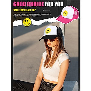 Cozypower 2 Pcs Smile Face Baseball Cap Smile Trucker Hat Mesh Adjustable Baseball Cap Retro Preppy Hats for Women(Rose Red, Black, White)
