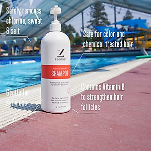Zealios Swim & Sports Shampoo Remove Chlorine & Salt, Perfect Moisturizing Formula Hydrates Dry Hair, Protects Color Treated Hair from Pool Chemicals. Great for Swimmers, Athletes - 32 oz
