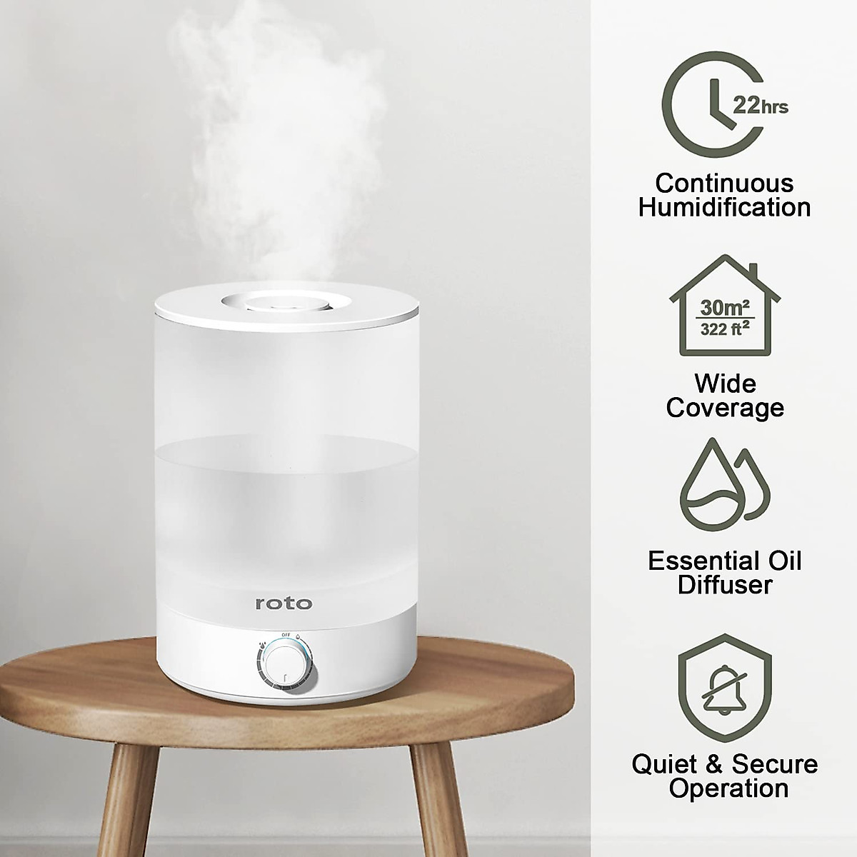 Roto Top Fill Humidifiers for Bedroom, Cool Mist Ultrasonic Quiet Humidifier with Essential Oil Diffuser, Last Up to 22 Hours, Auto Off, Adjustable Output Mist & 360° Rotation Nozzle - 2.5L