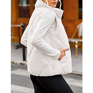 MEROKEETY Womens Puffer Vest Sleeveless Zip Up Quilted Coat Lightweight Stand Collar Gilet Jacket With Pockets White Large