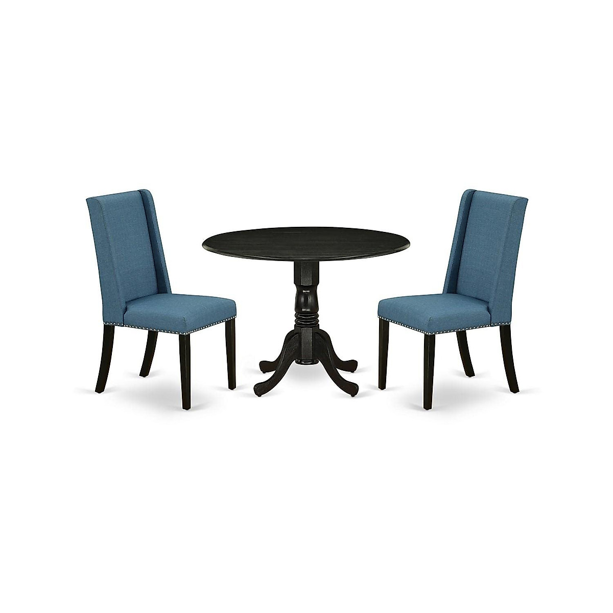 East West Furniture DLFL3-ABK-21 3 Piece Dining Room Table Set Contains a Round Kitchen Table with Dropleaf and 2 Blue Linen Fabric Parsons Dining Chairs, 42x42 Inch, Wirebrushed Black